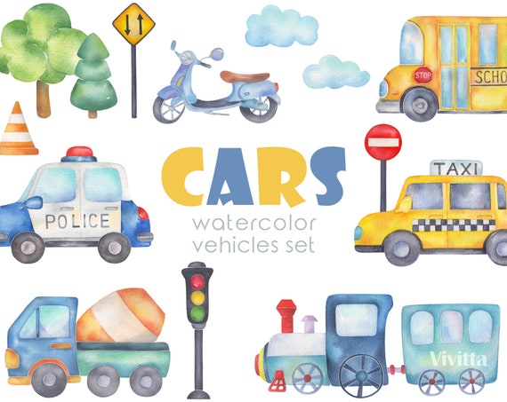 Cars Watercolor Transport Clipart Vehicles City Boys Bus | Etsy