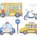 Cars, Watercolor Transport Clipart, Vehicles, City, Boys, Bus, Police ...