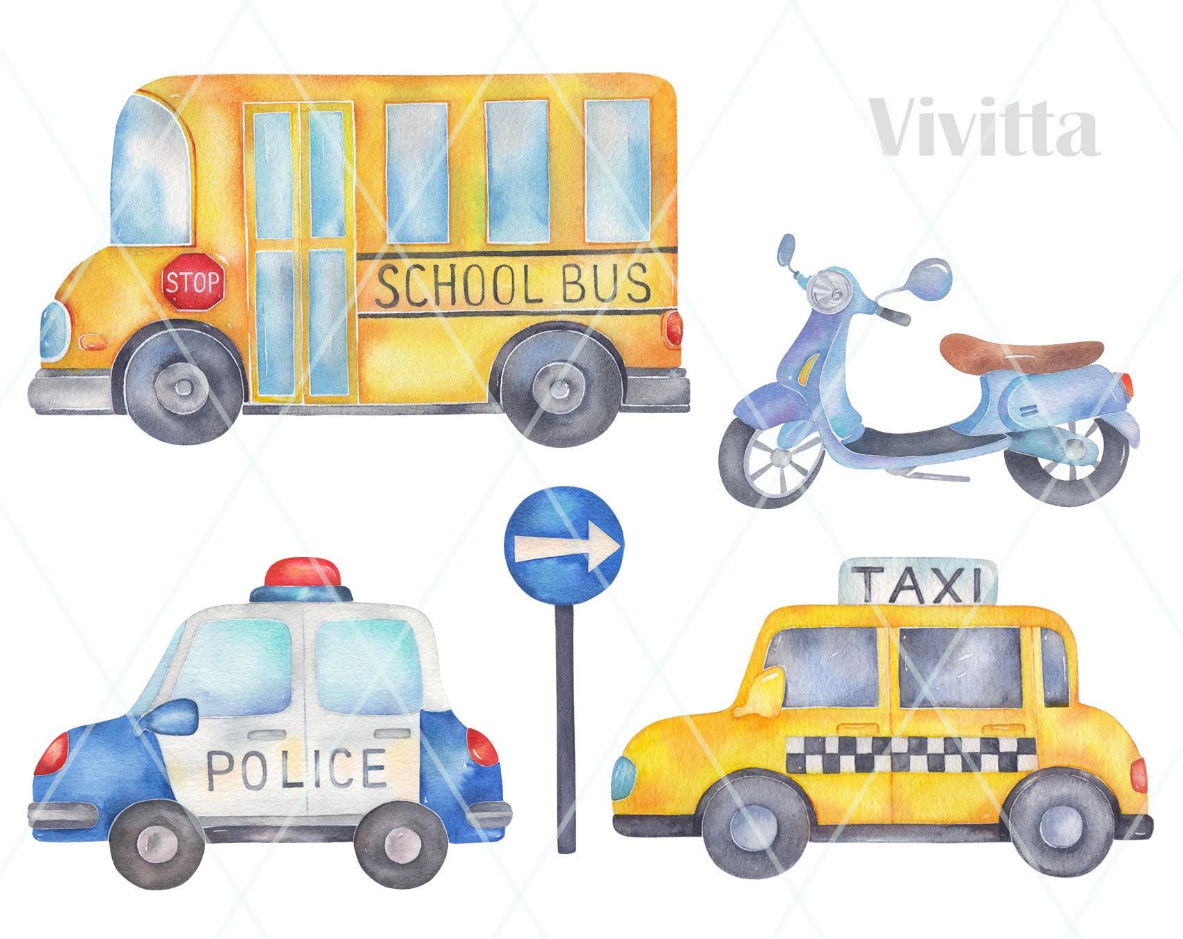 Cars Watercolor Transport Clipart Vehicles City Boys Bus - Etsy