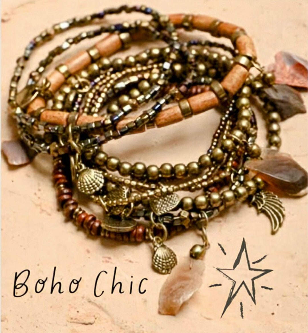 Boho Wood / Antique Brass Stack Bracelet Beautiful Chic Style Stacking ...