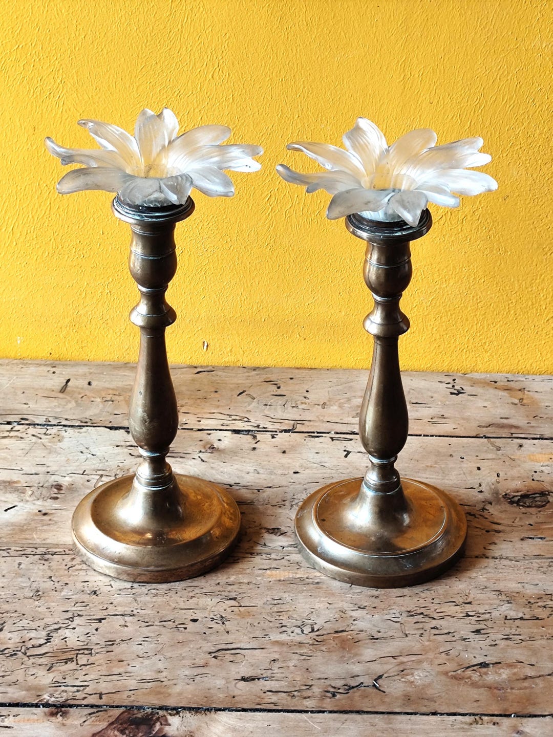 Pair of Brass Candlesticks With Flower-shaped Bobeches and Opaque Glass ...