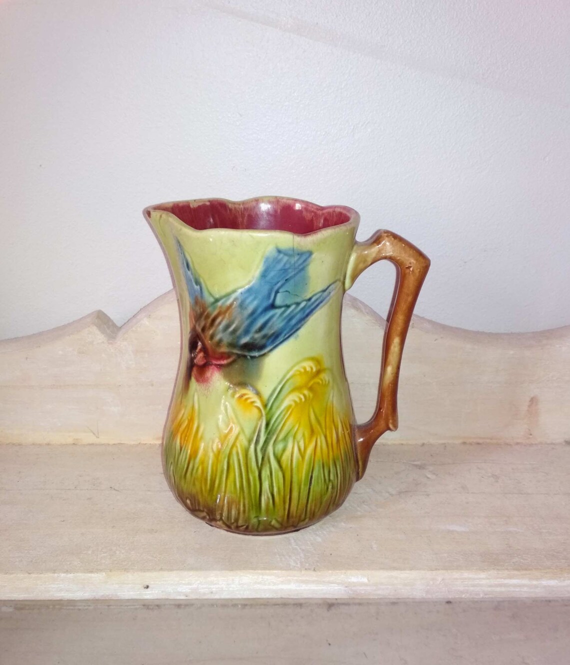 Antique Pitcher, Water Jug, Earthenware With Bird and Butterfly ...