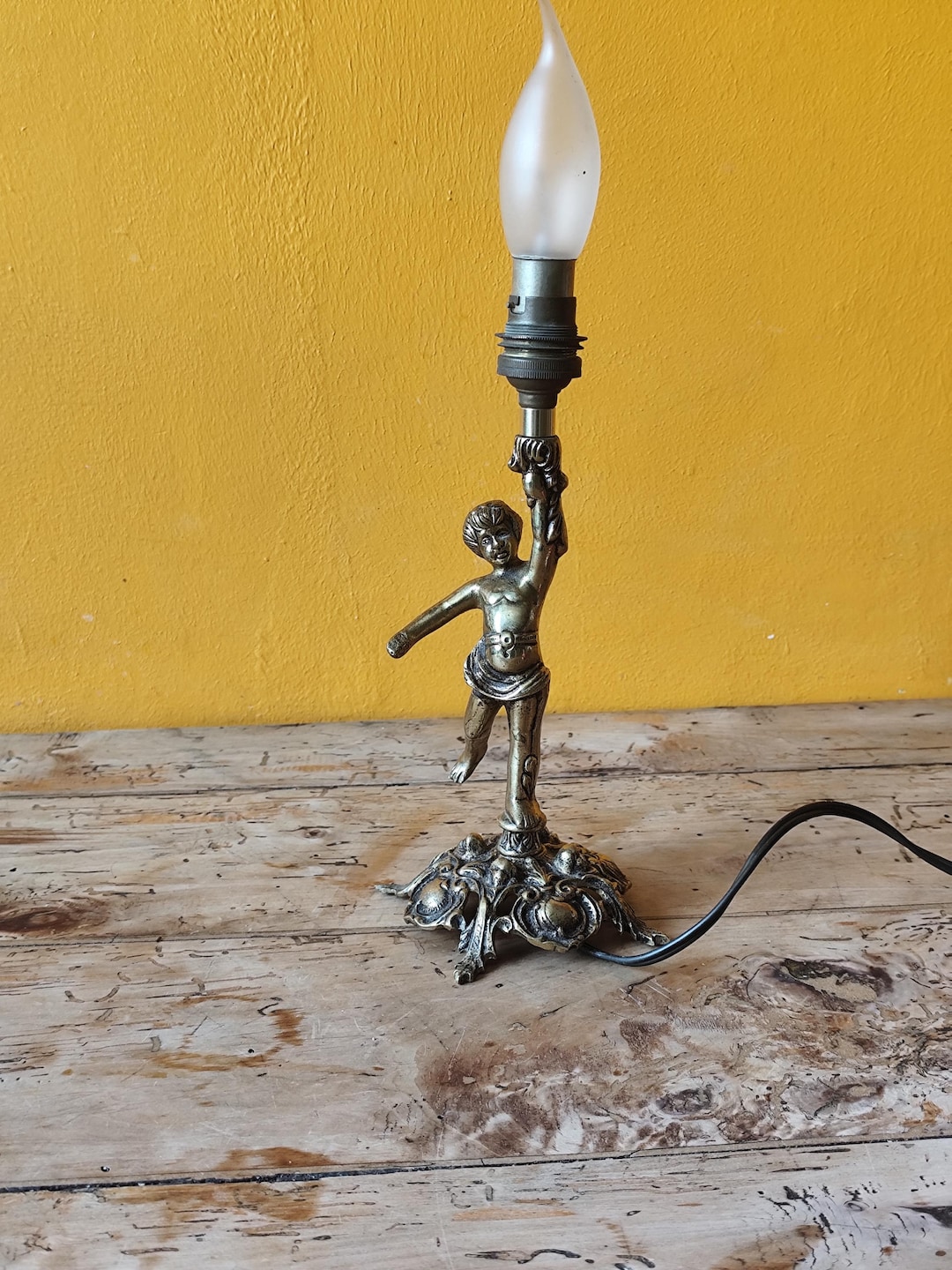 Antique Brass Cherub Lamp Base - Electrified Torch Holder Cherub Light ...