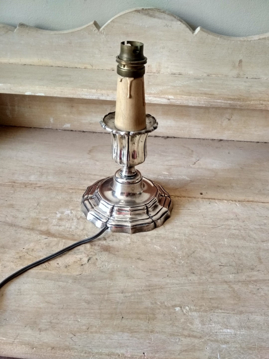 Old Silver Metal Lamp French Torch Table Lamp Faux Electrified Candle ...