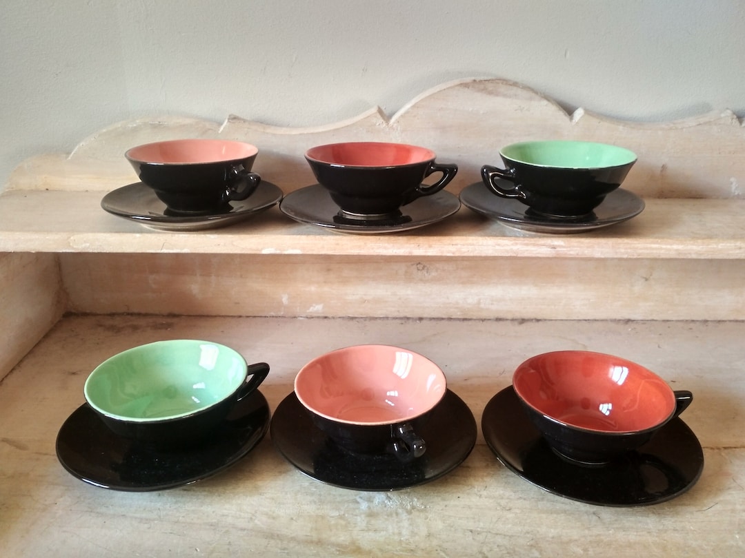 Set of 6 Tea or Coffee Cups From the 50s, Colored Cups, Black Saucers ...
