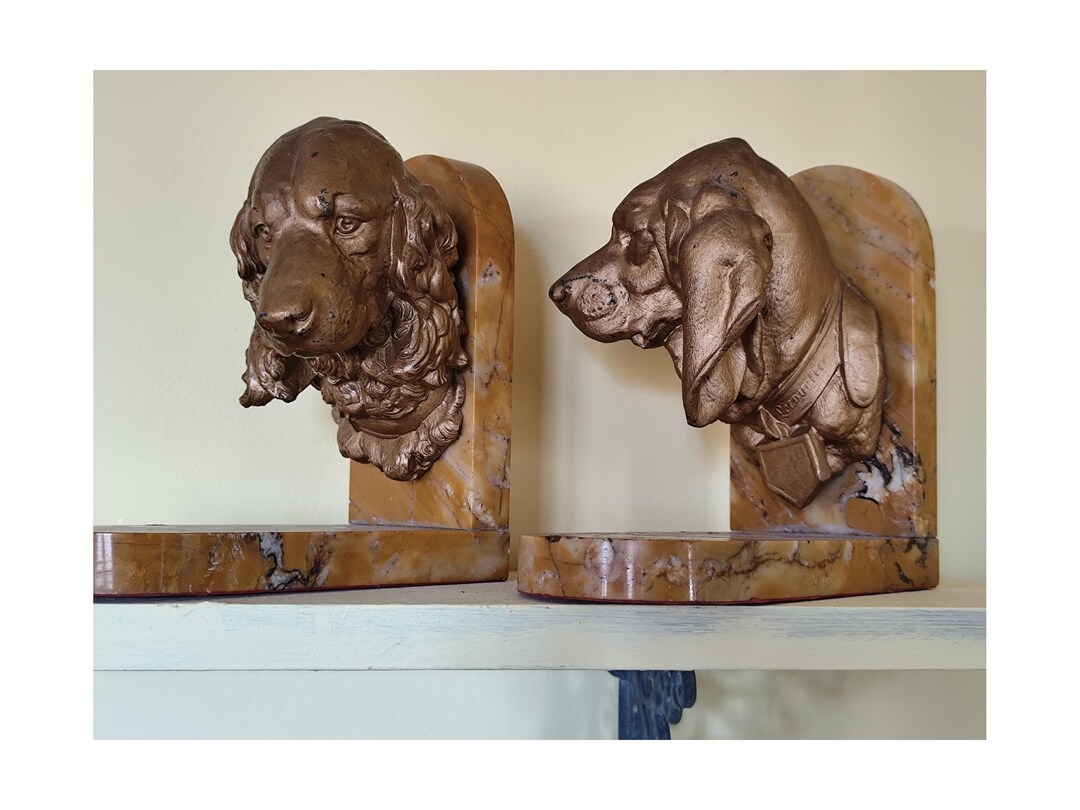 Pair of Dog Head Bookends in Spelter on Marble Slab, Signed Lecourtier ...