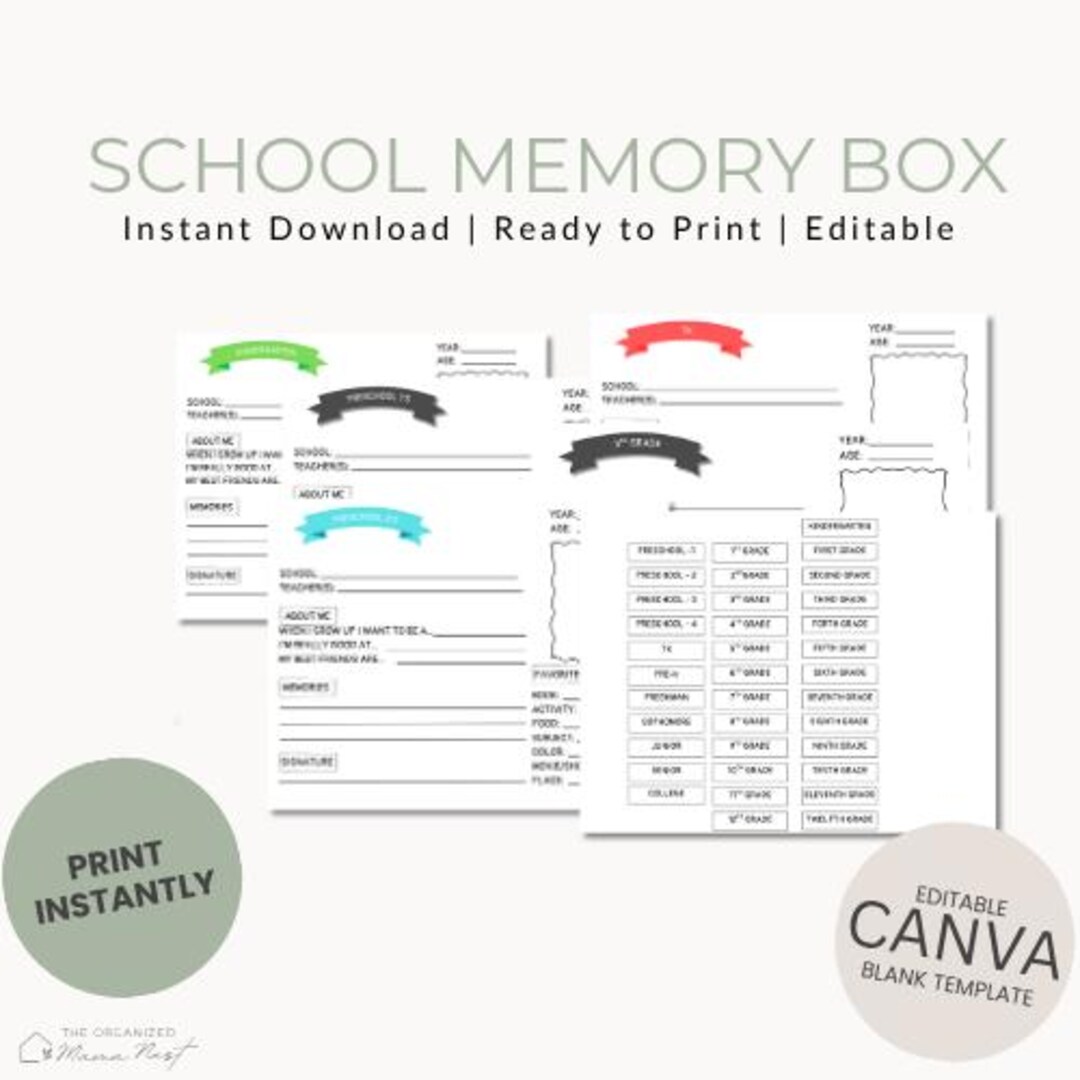 School Memory Box Printables | Kids Keepsake Binder Kit for School ...