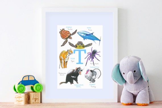 Alphabet Letter T Nursery Print Animals Beginning With T | Etsy