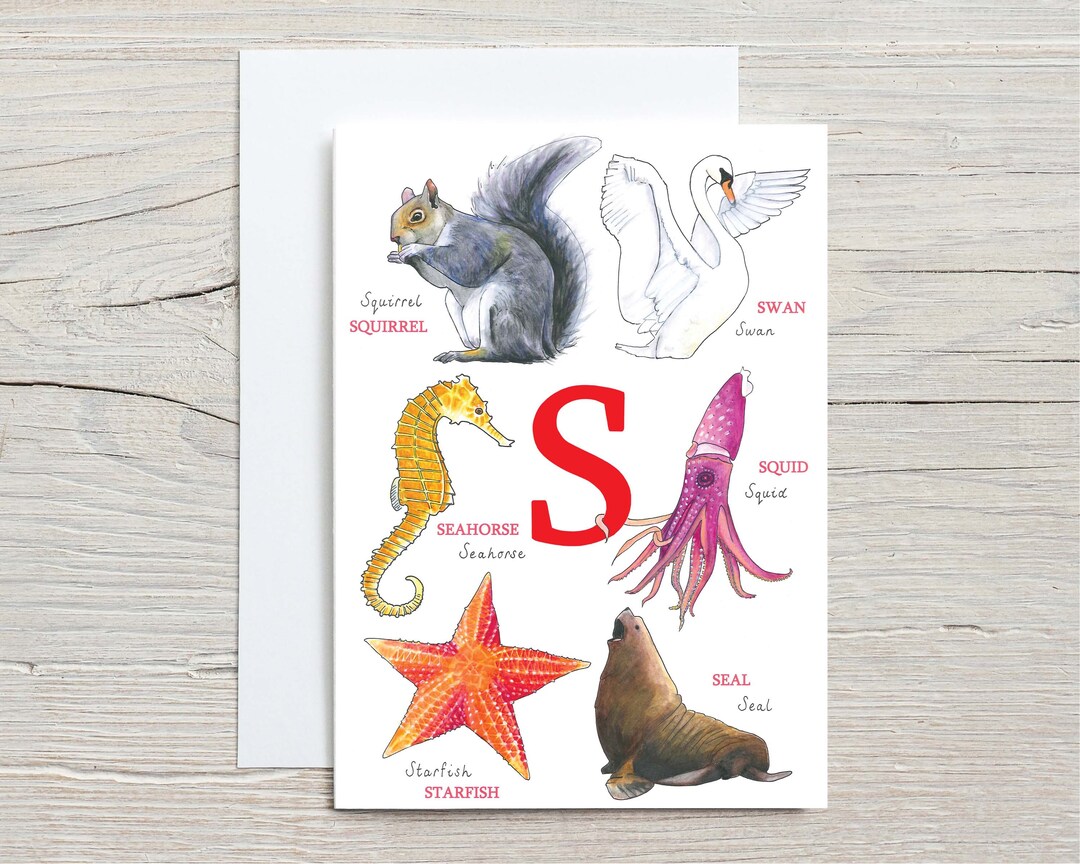 Letter S Card, Animal Alphabet Letter S Card, Initial Letter S Card - Etsy