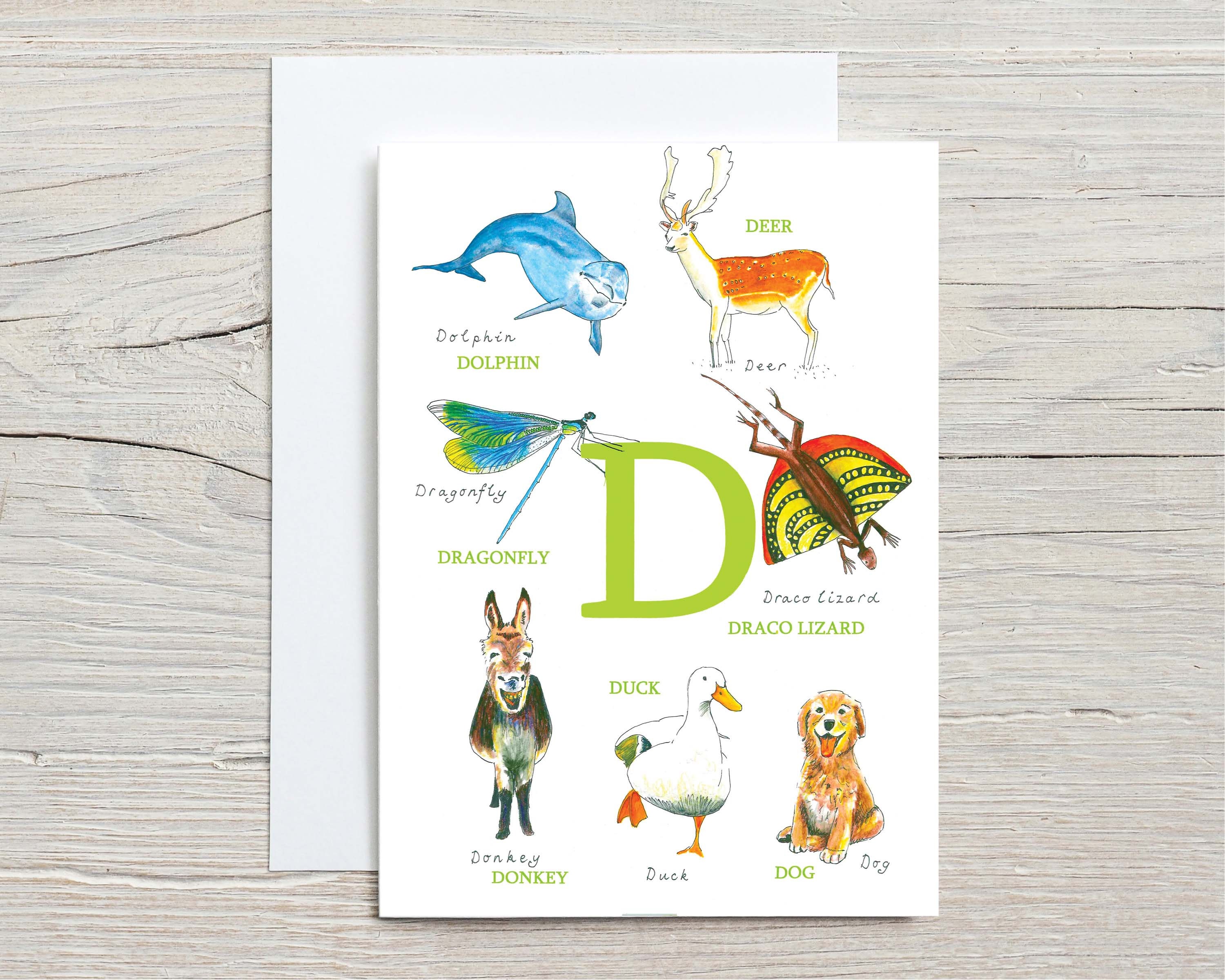 Letter D Card Animal Alphabet Letter D Card Initial Letter D - Etsy