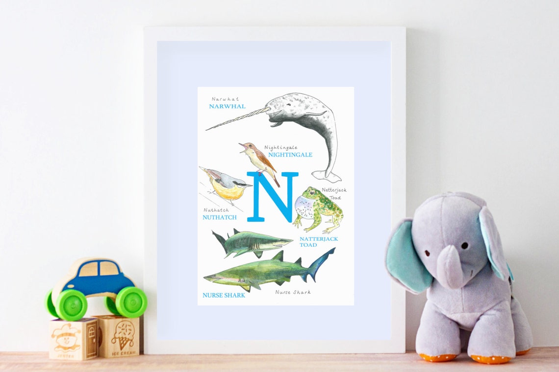 Animal Alphabet Letter N, Nursery Print, Baby First Christmas ...