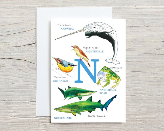 Letter N Card Animal Alphabet Letter N Card Initial Letter N - Etsy