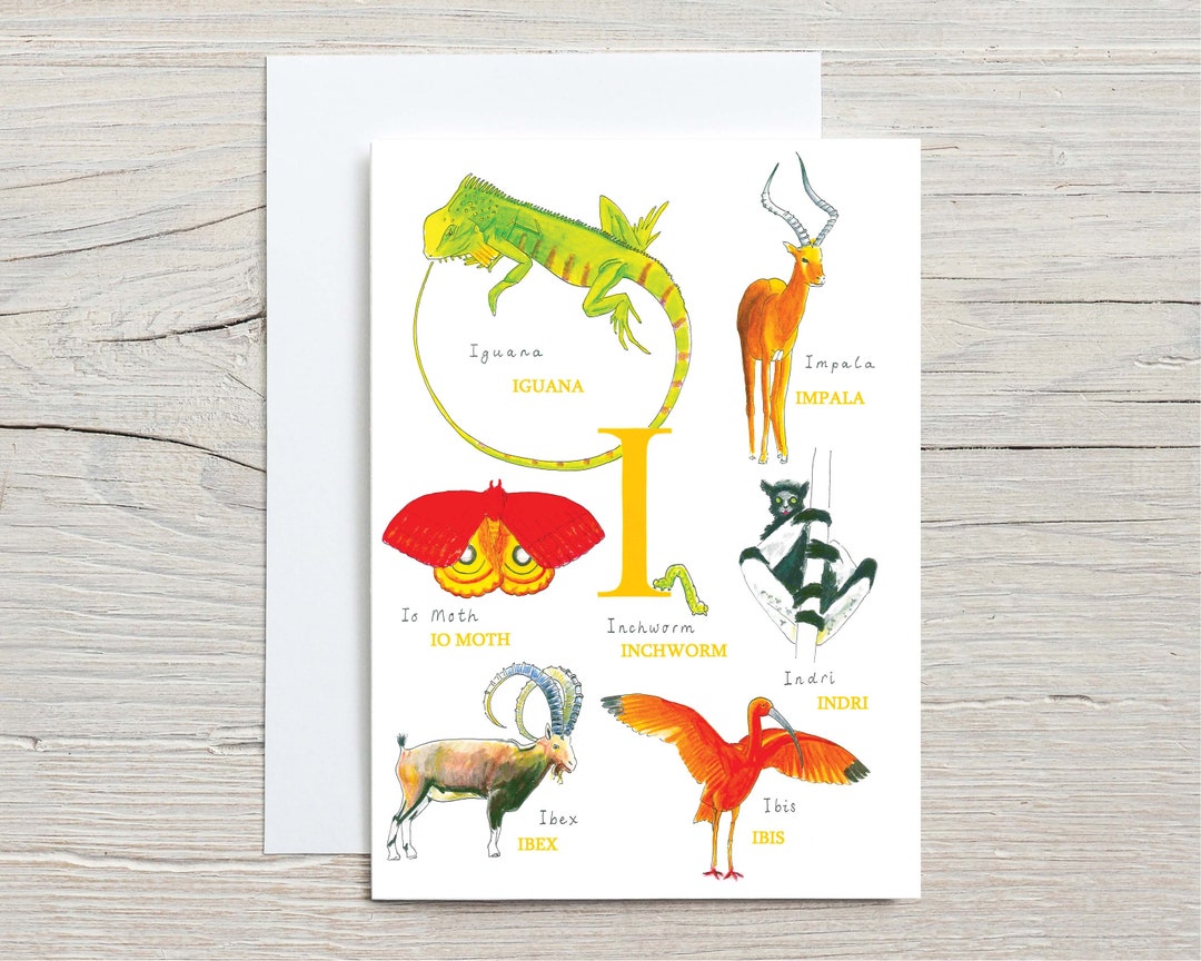 Letter I Card, Animal Alphabet Letter I Card, Initial Letter I Card - Etsy