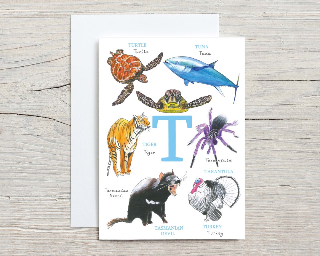 Letter T Card Animal Alphabet Letter T Card Initial Letter T - Etsy