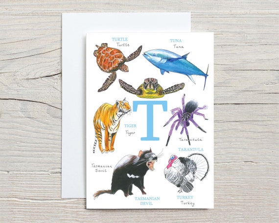 Letter T Card Animal Alphabet Letter T Card Initial Letter T - Etsy