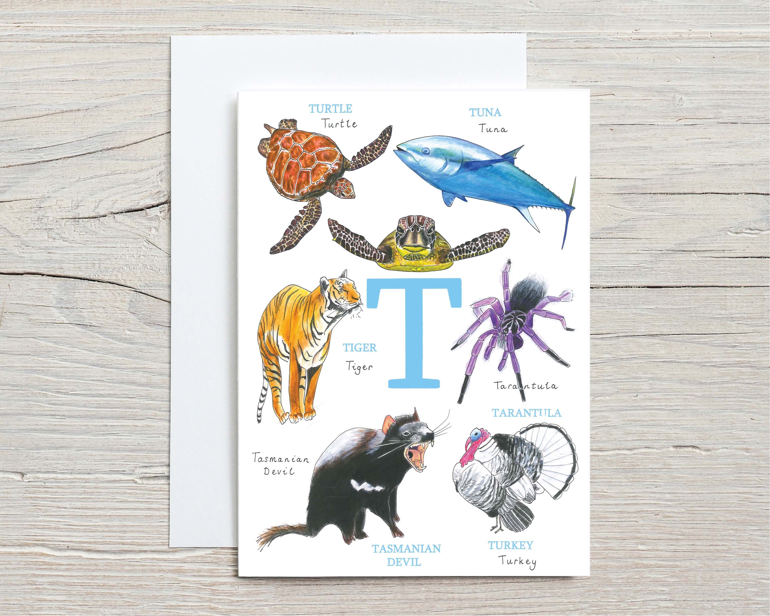 Letter T Card, Animal Alphabet Letter T Card, Initial Letter T Card - Etsy