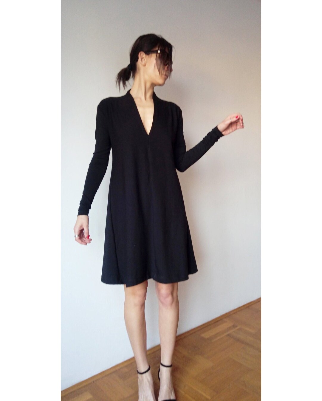 V Neck Black Viscose Jersey Dress, V-neck Loose Fitting Tunic, Deep V ...