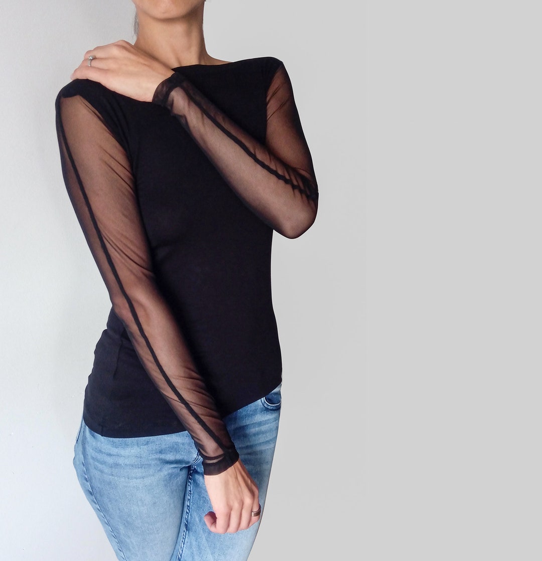 Womens Shirt With Sheer Sleeves, Women's Top With Mesh Sleeves, Mesh ...