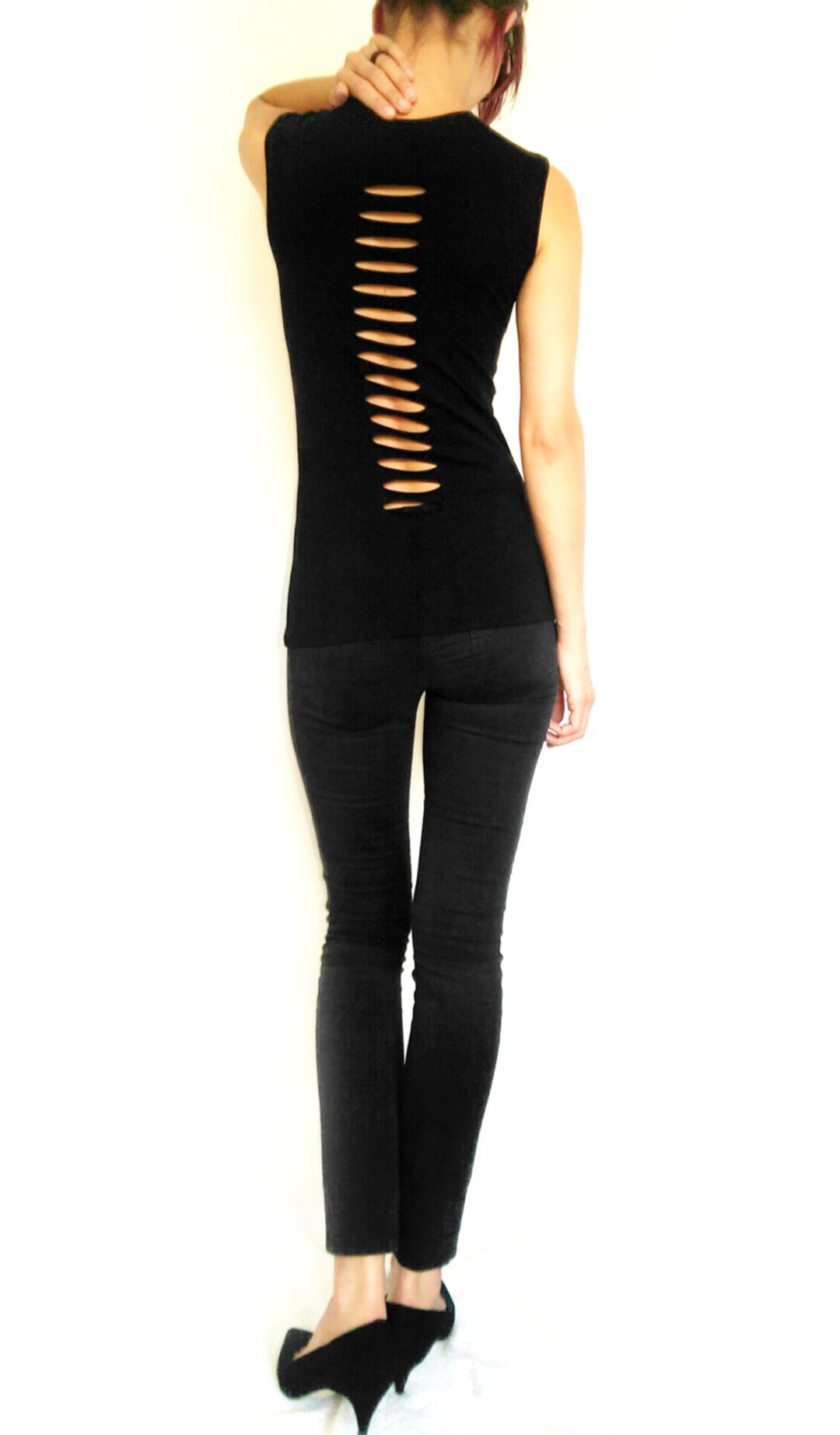 Fitted Slotted Sleeveless Black Jersey Women's Top, Sexy Top, Black ...