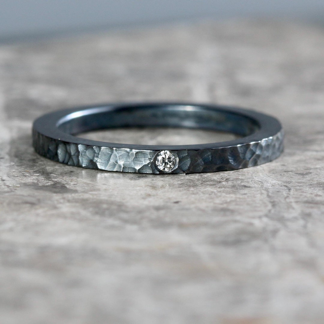 Salt & Pepper Diamond Oxidised Silver Ring, Diamond Stacking Ring, Silver Stacking Ring ...