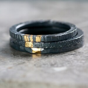 Oxidised Linear Silver & Gold 2mm Stacking Ring, Alternative Wedding Ring, Recycled Silver, Keum ...