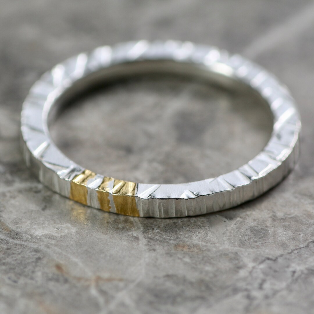 Linear Silver & Gold 2mm Stacking Ring, Alternative Wedding Ring, Recycled Silver, Keum Boo ...