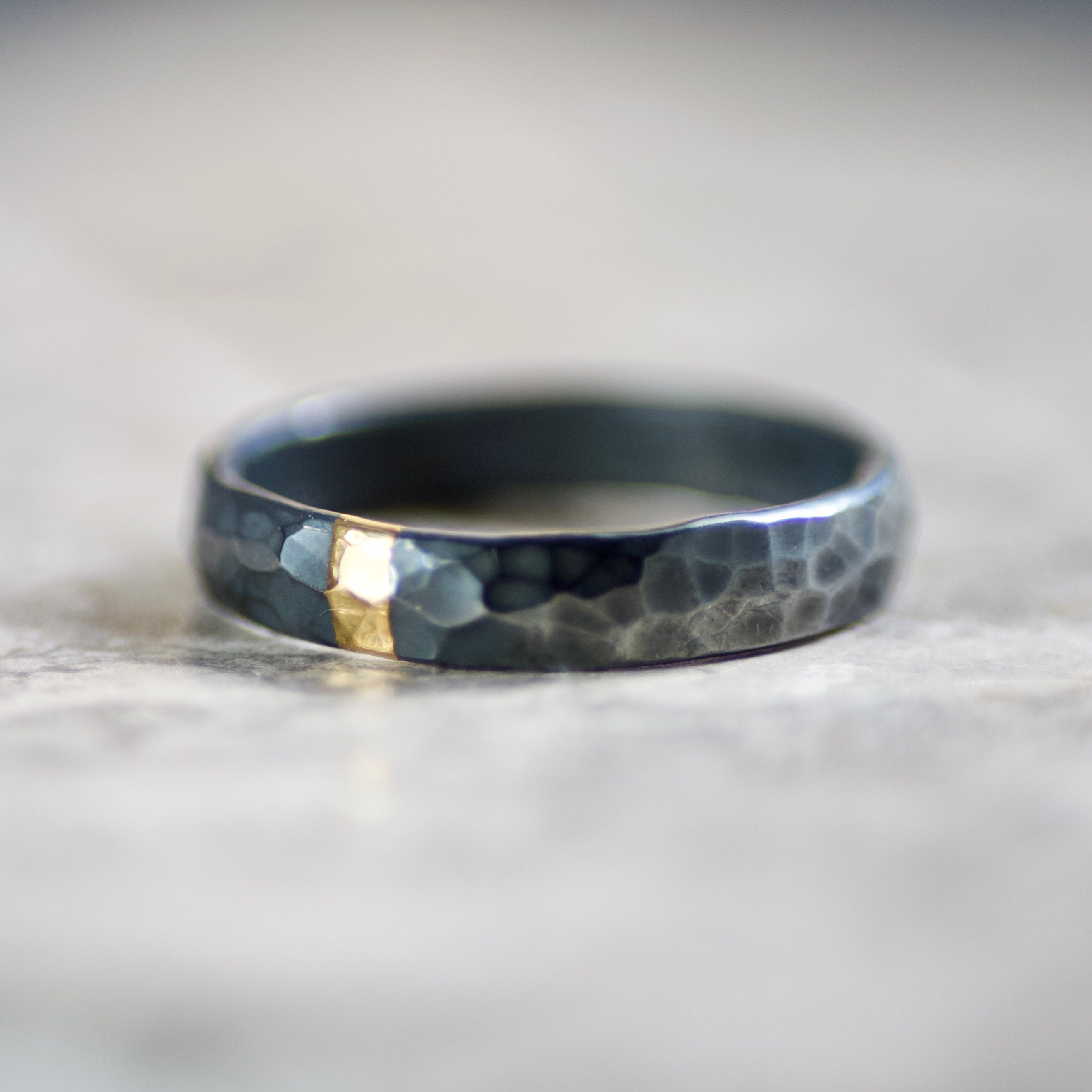 Hammered Textured Oxidised Silver & 24ct Gold Ring Unisex - Etsy