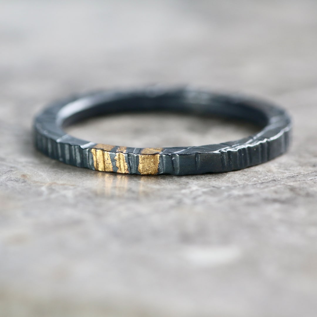 Oxidised Linear Silver & Gold 2mm Stacking Ring, Alternative Wedding Ring, Recycled Silver, Keum ...