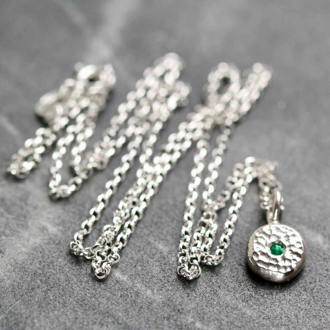 Emerald and Silver Textured Pebble Pendant Necklace, Recycled Silver ...