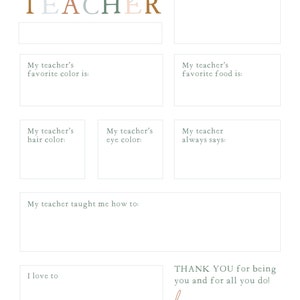 Teacher Appreciation Printable | All About My Teacher | Kids Worksheet ...
