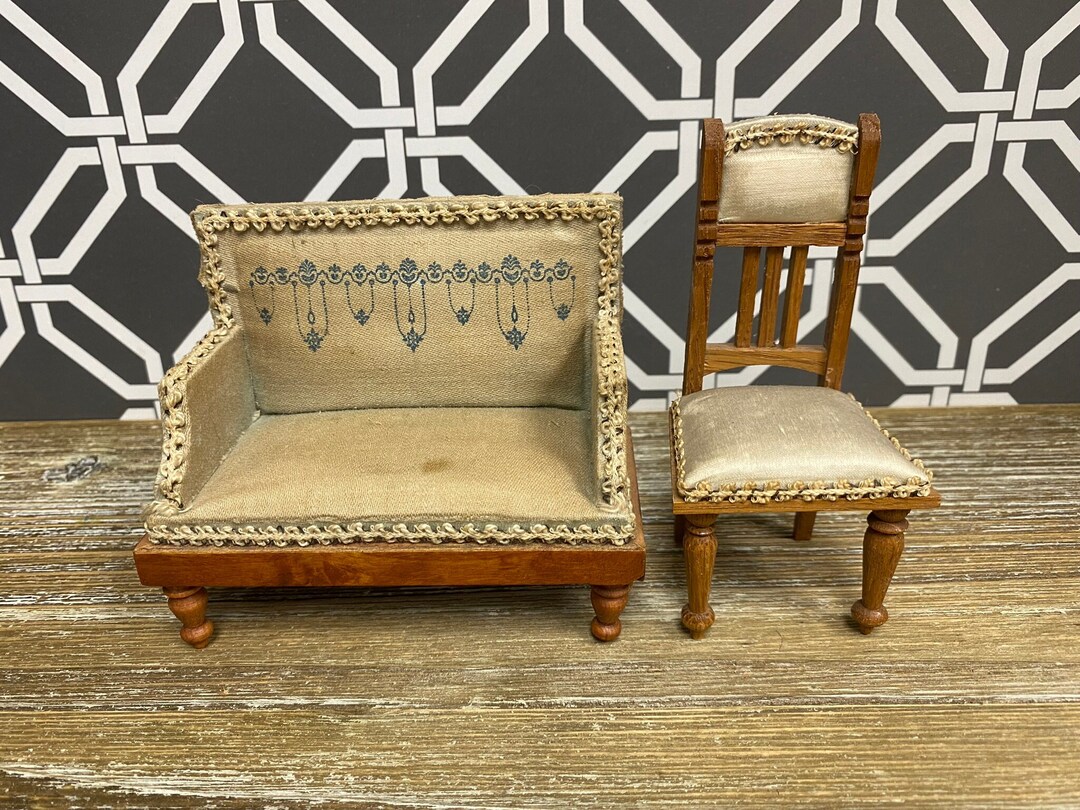 Antique GERMAN Settee & Chair Blue Silk Fabric Dollhouse Miniature Set ...
