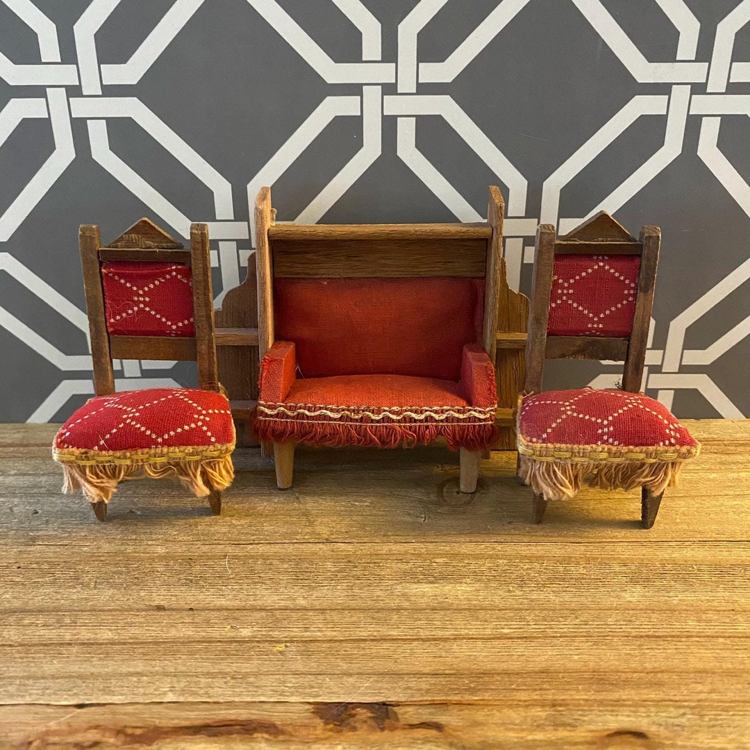 Antique GERMAN Tiny Sofa Settee Chair Dollhouse Miniature Set | 1900s Dolls Wood Parlor Living ...