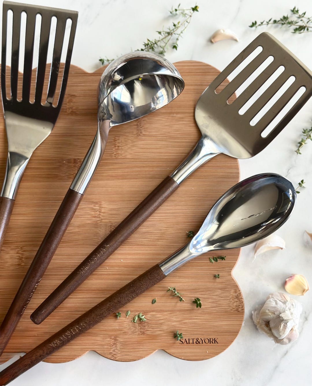 4 Piece Walnut Olive Wood Handle Utensil Set With Stainless Steel ...