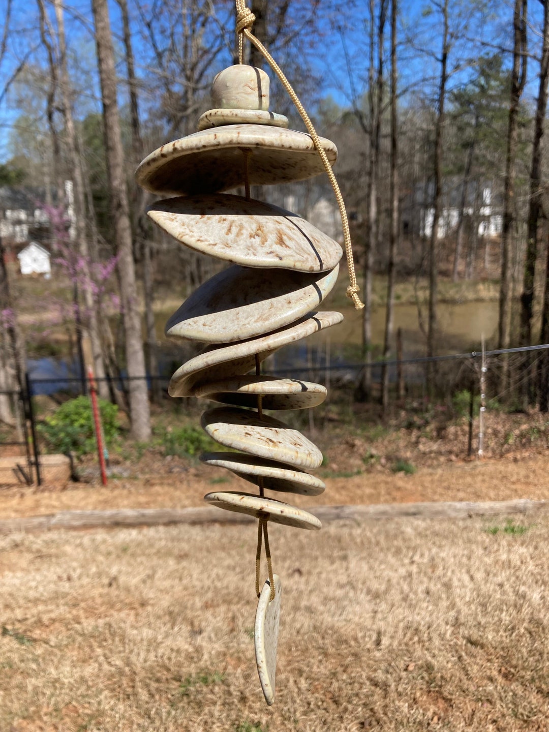 Wind Chime, Pale Sage Green and Brown Glaze Wind Chimes, Pottery Wind ...
