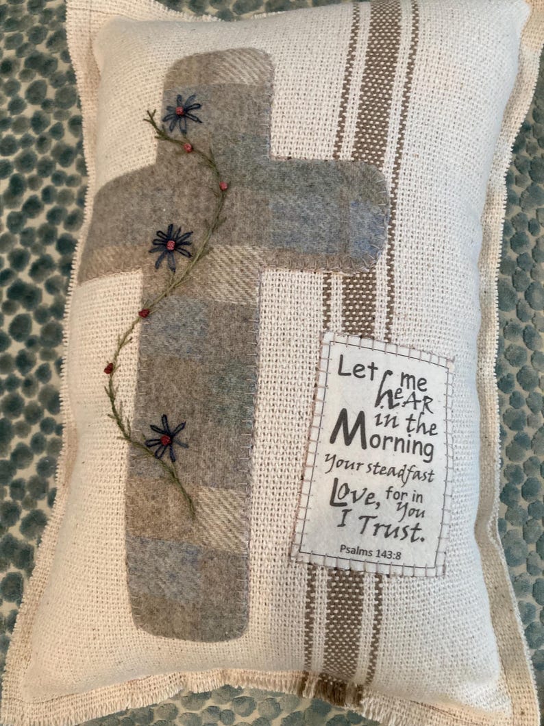 Christian Pillow, Religious Cross Pillow, Primitive Embroidered Pillow ...