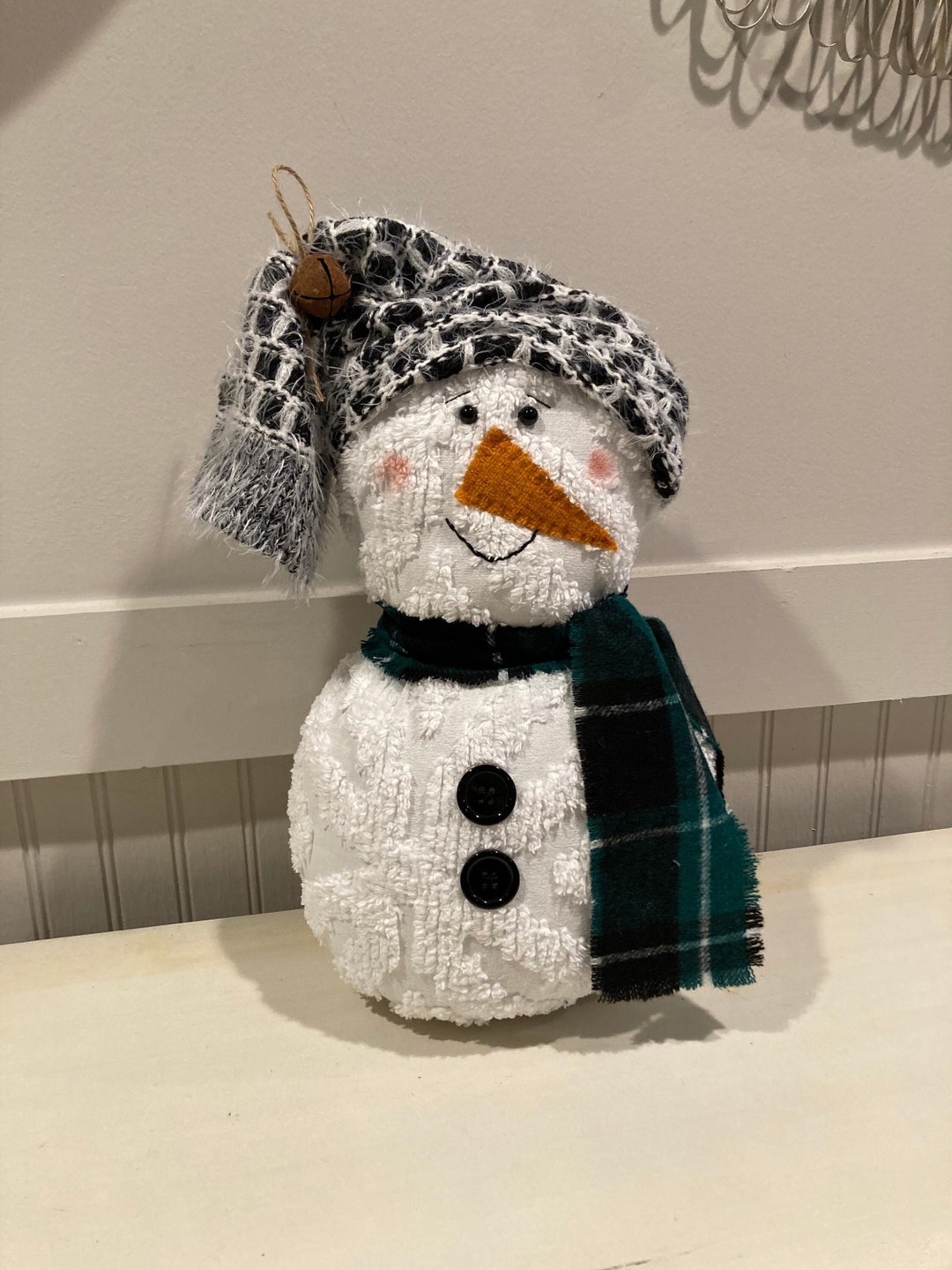 Snowman Doll, Vintage Chenille Snowman, Black and White Sweater Hat ...