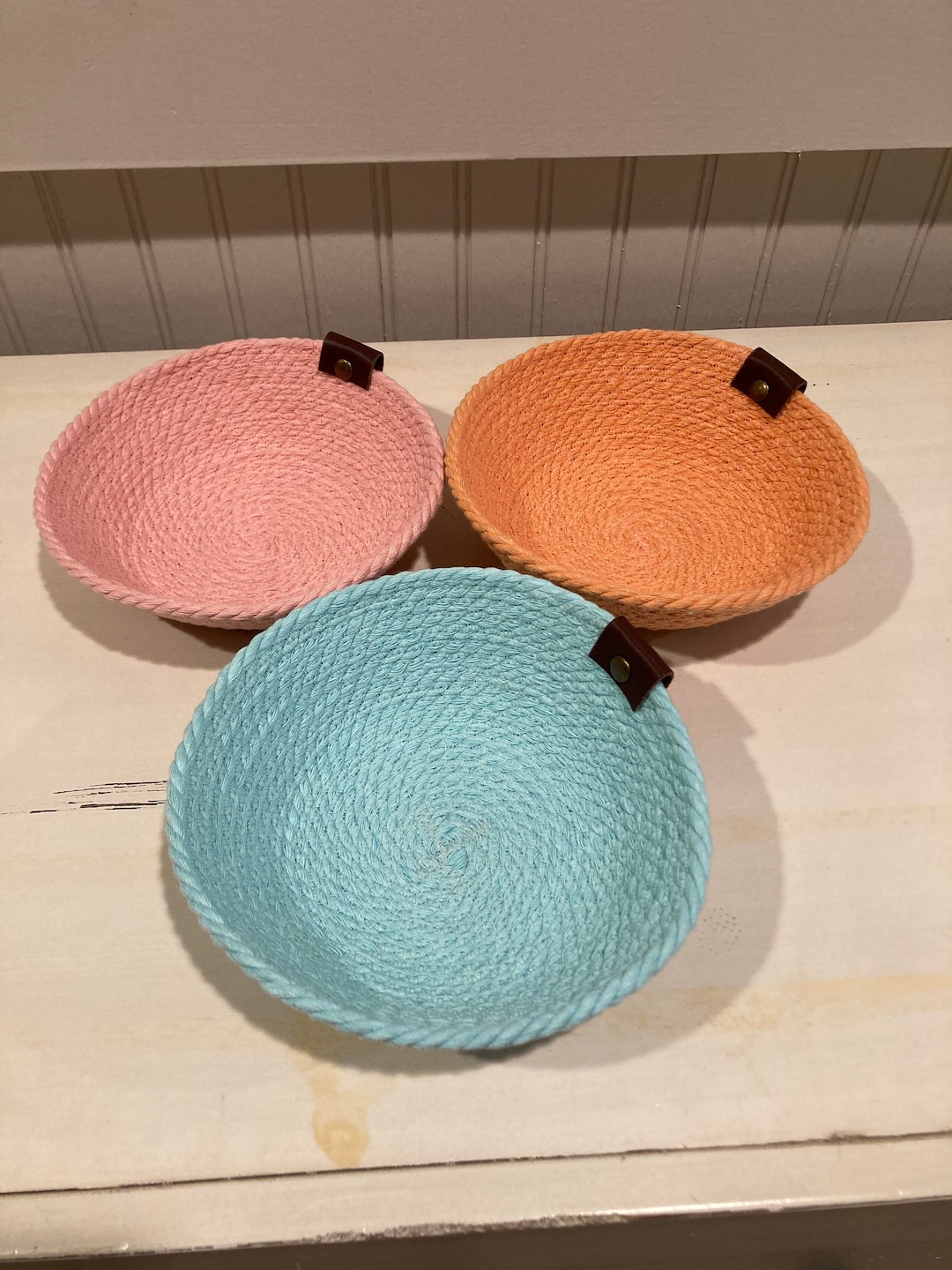 Rope Bowl With Boho Leather Tab and Brass Rivet, Coiled Clothesline ...