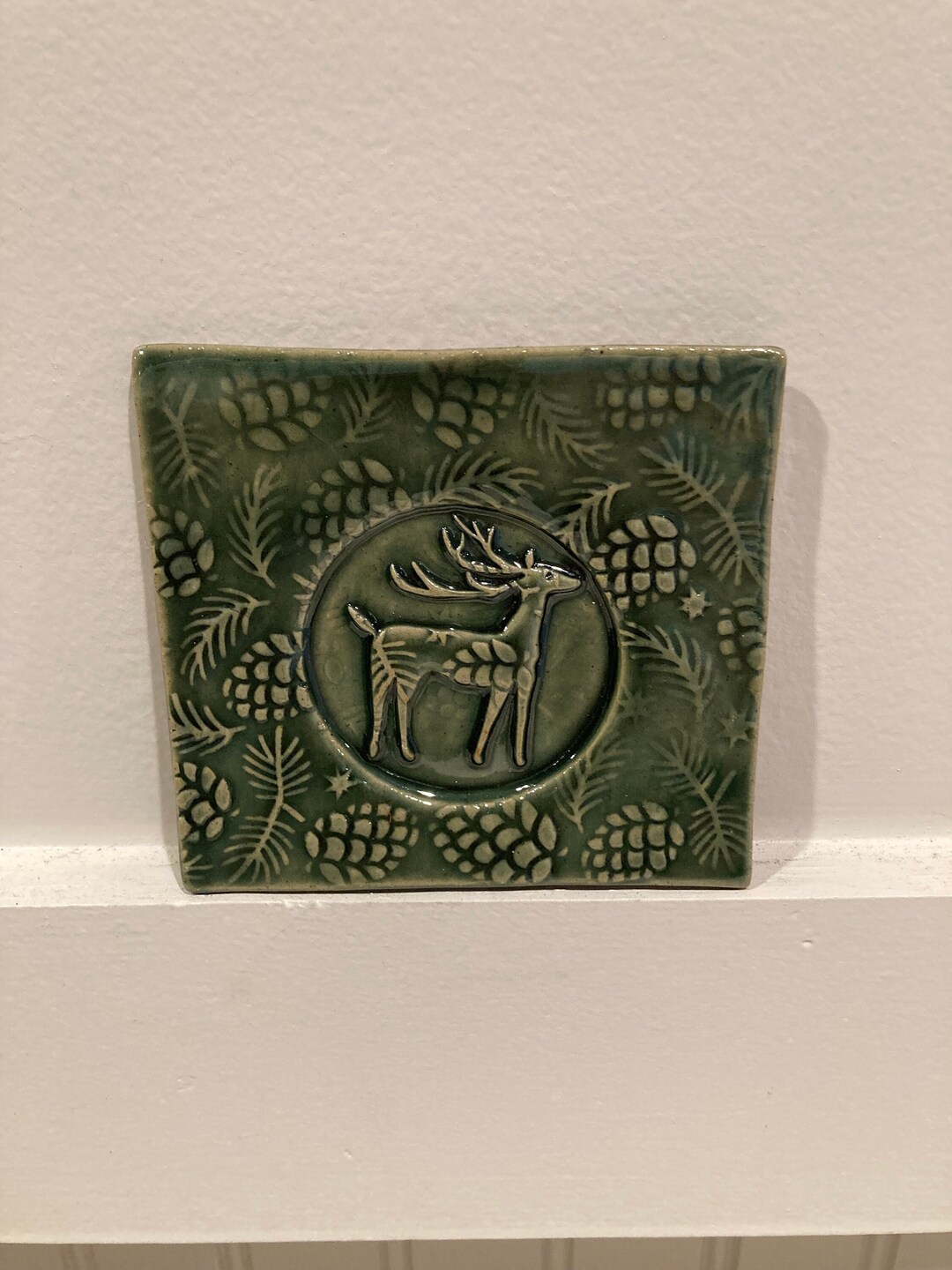 Deer Art Tile Pinecone Tile Deep Green Ochre Tile Nature - Etsy