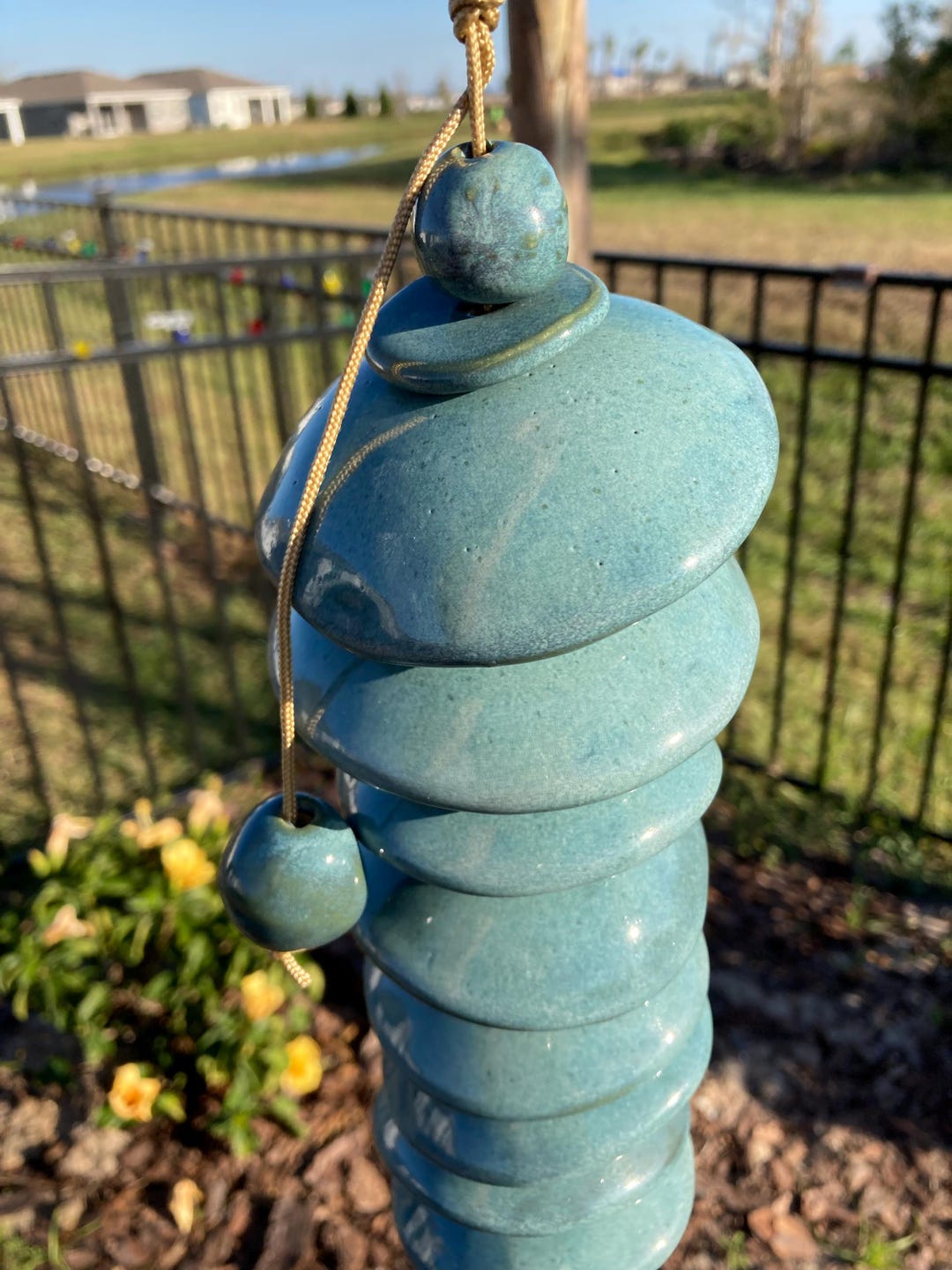Ceramic Wind Chime, 18" Teal Blue Glaze Wind Chimes, Pottery Windchimes ...