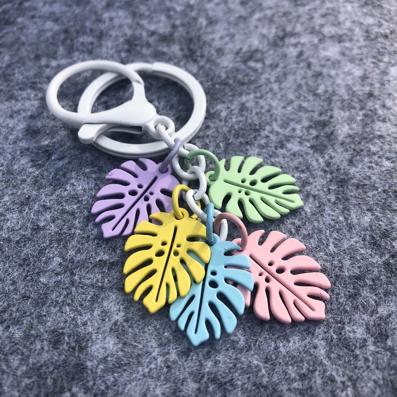 Pastel Monstera Keychain With Five Small Metal Leaf Charms ...