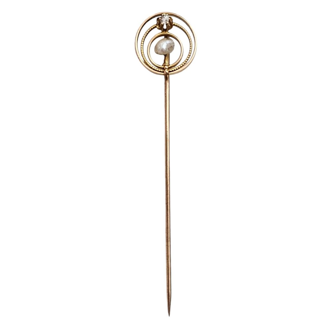 10K Yellow Gold Diamond Pearl Round Modernist Stick Lapel Pin L571 - Etsy