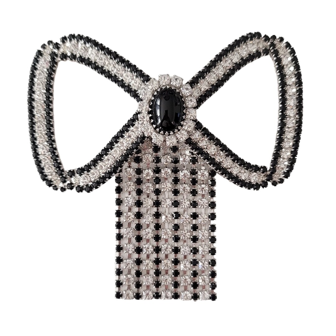 Clear, Black Prong Set Huge Statement Open Bow, Waterfall Dangle Brooch ...