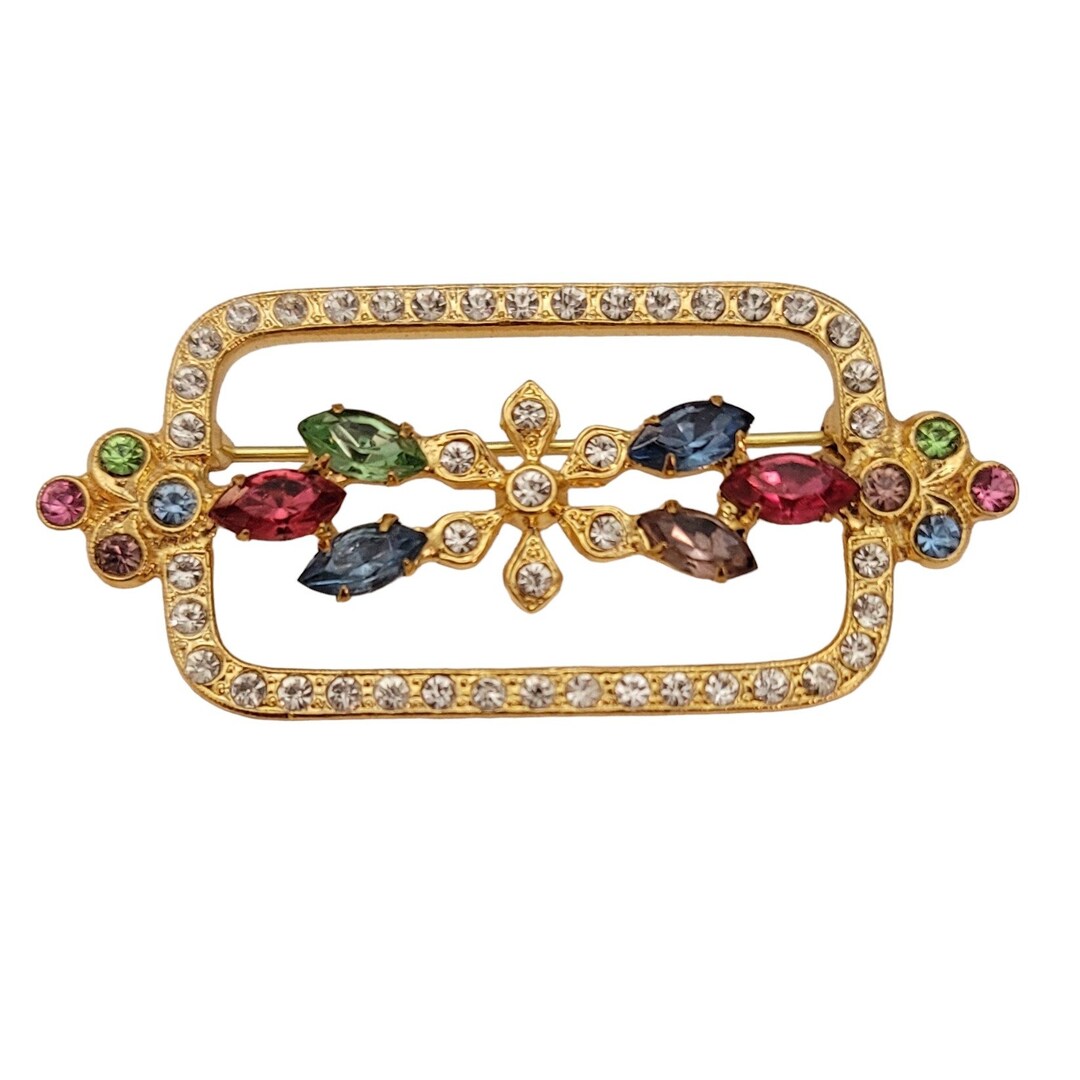 Czech Gold Tone Vintage Rhinestone Flower Square Rectangle Open Brooch ...