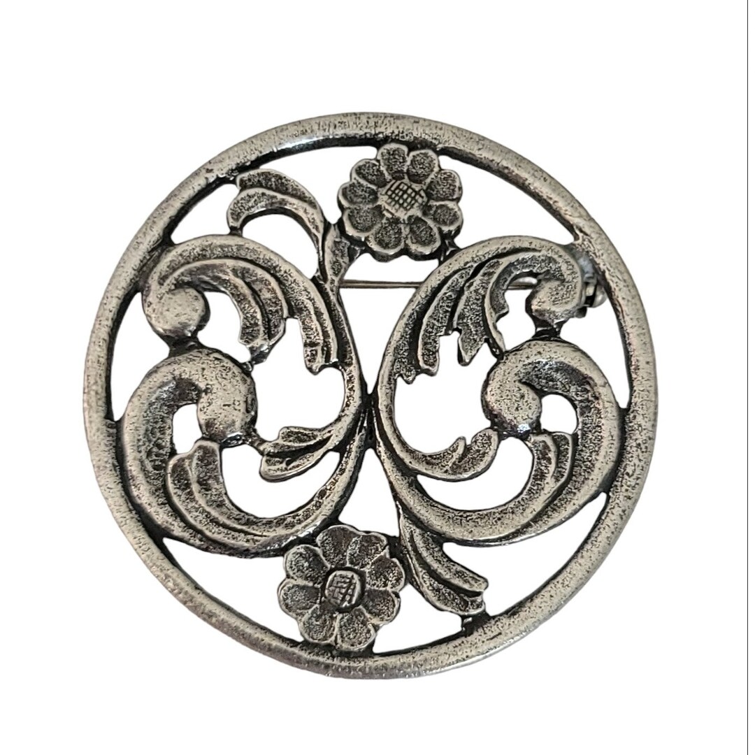 Havstad Tinn Pewter Norway Round Flower Scroll Brooch Pin, Signed K501 ...