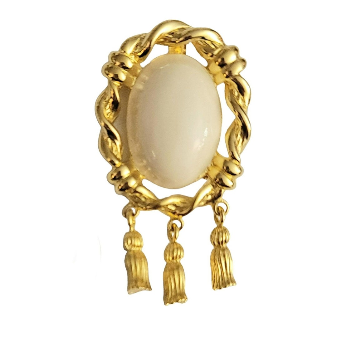 Ivana Gold Tone White Enamel Cameo Style Tassel Dangle Brooch, Signed ...
