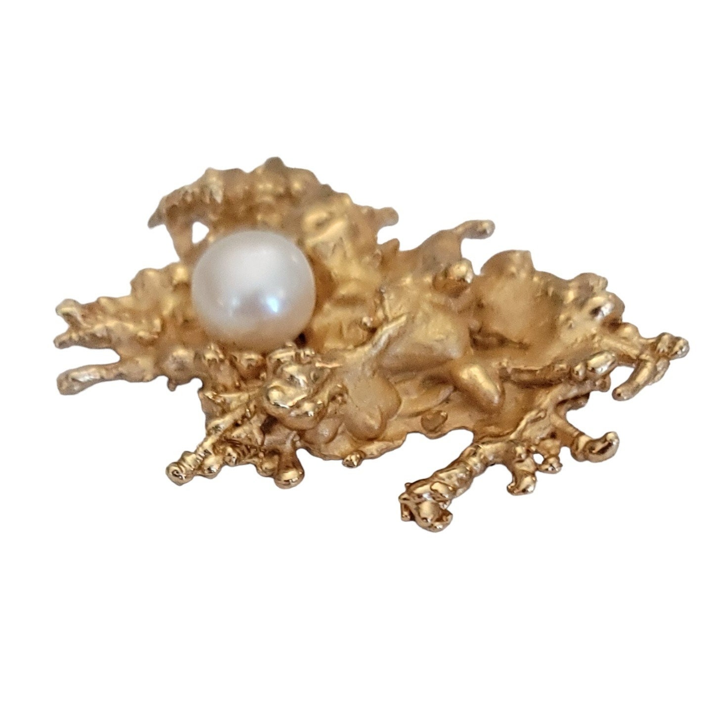 Napier Gold-Tone Brutalist Clam Shell Style Pearl Brooch, Signed M792