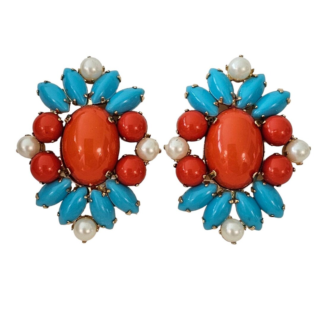 KJL Kenneth Jay Lane Coral Turquoise Lucite Cabochon Prong Set Cluster ...