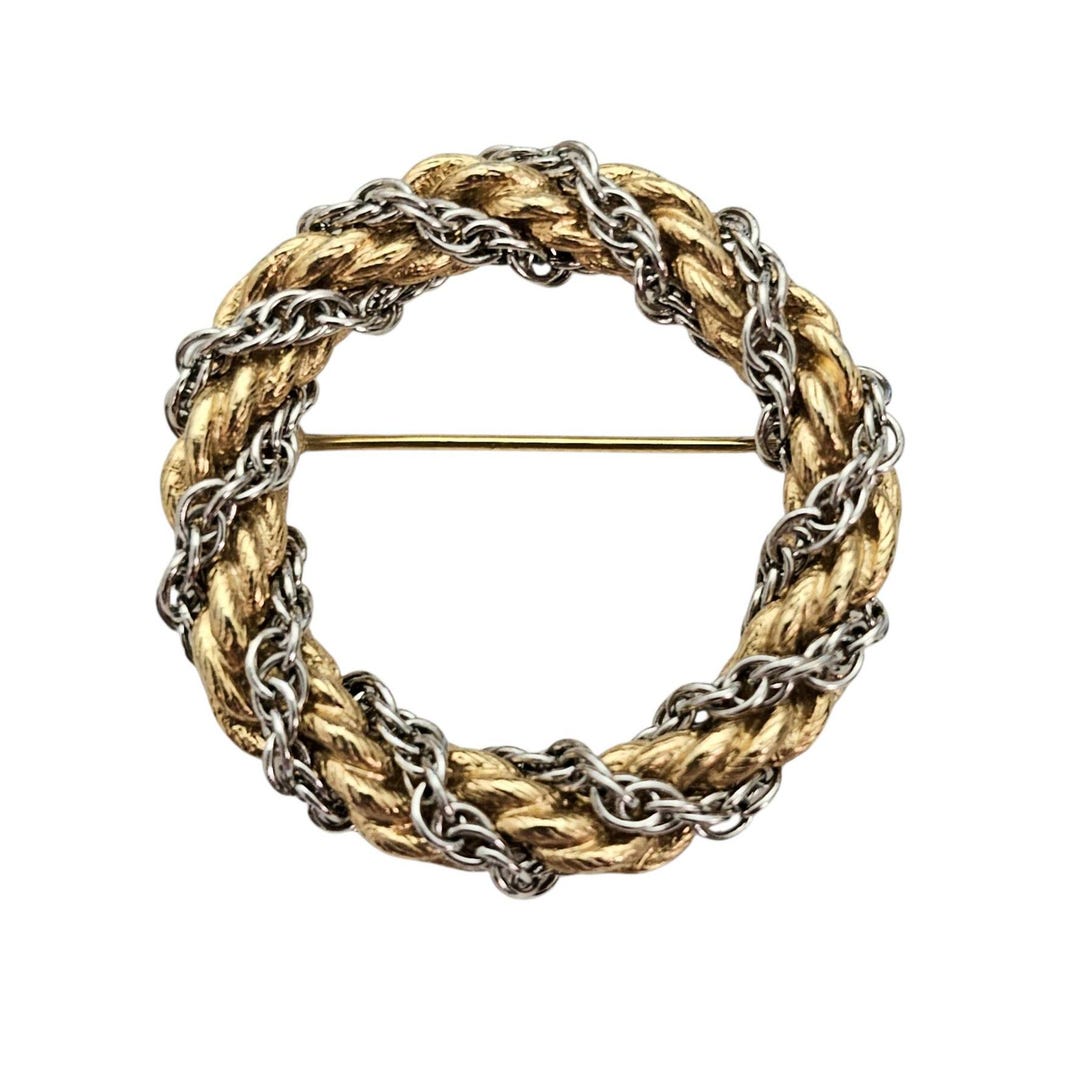 Napier Vintage Gold Tone & Silver Tone Rope Chain Round Open Brooch ...