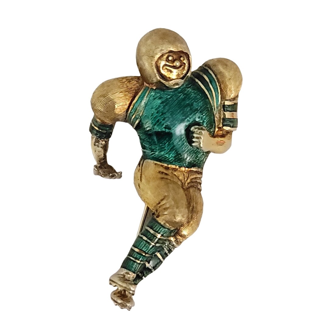 14K Yellow Gold Green Enamel Football Player Figural Brooch - Etsy