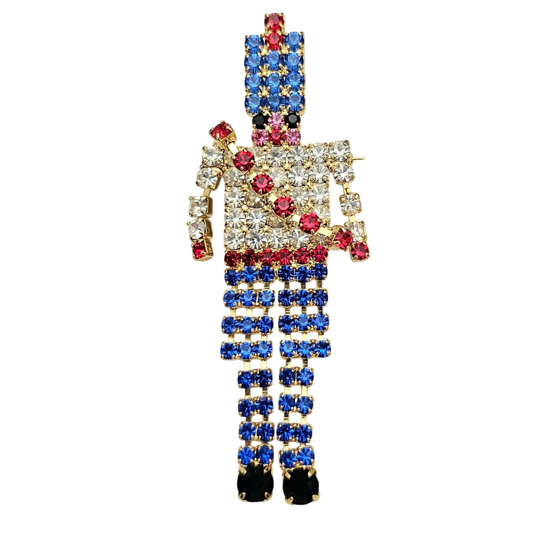 Nutcracker Soldier Articulated Brooch Blue Red Rhinestone Christmas Pin ...